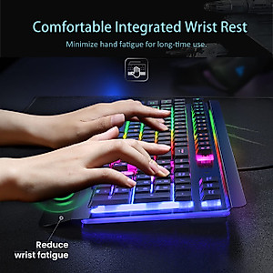 HovingTech Gaming Keyboard, USB Wired Keyboard with Metal Panel Rainbow Backlight, LED Illuminated Ergonomic Wrist Rest, Shortcuts, 19-Key Anti-Ghosting, Laptop & Desktop PC Computer Black