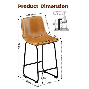 Aowos Bar Stools Set of 4, Modern Counter Height Bar Stools with Back, 26 inch Faux Leather Bar Stools with Metal Legs and Footrest, Urban Armless Dining Chairs for Kitchens Island (Brown)