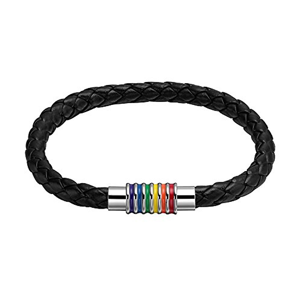 Nanafast Stainless Steel Rainbow Lesbian LGBT Pride Braided Bracelet Leather LGBTQ Pride Bracelets Wristband Weave Plaited Jewelry 2 Pack 7.48 Inches (Lesbian/Female)