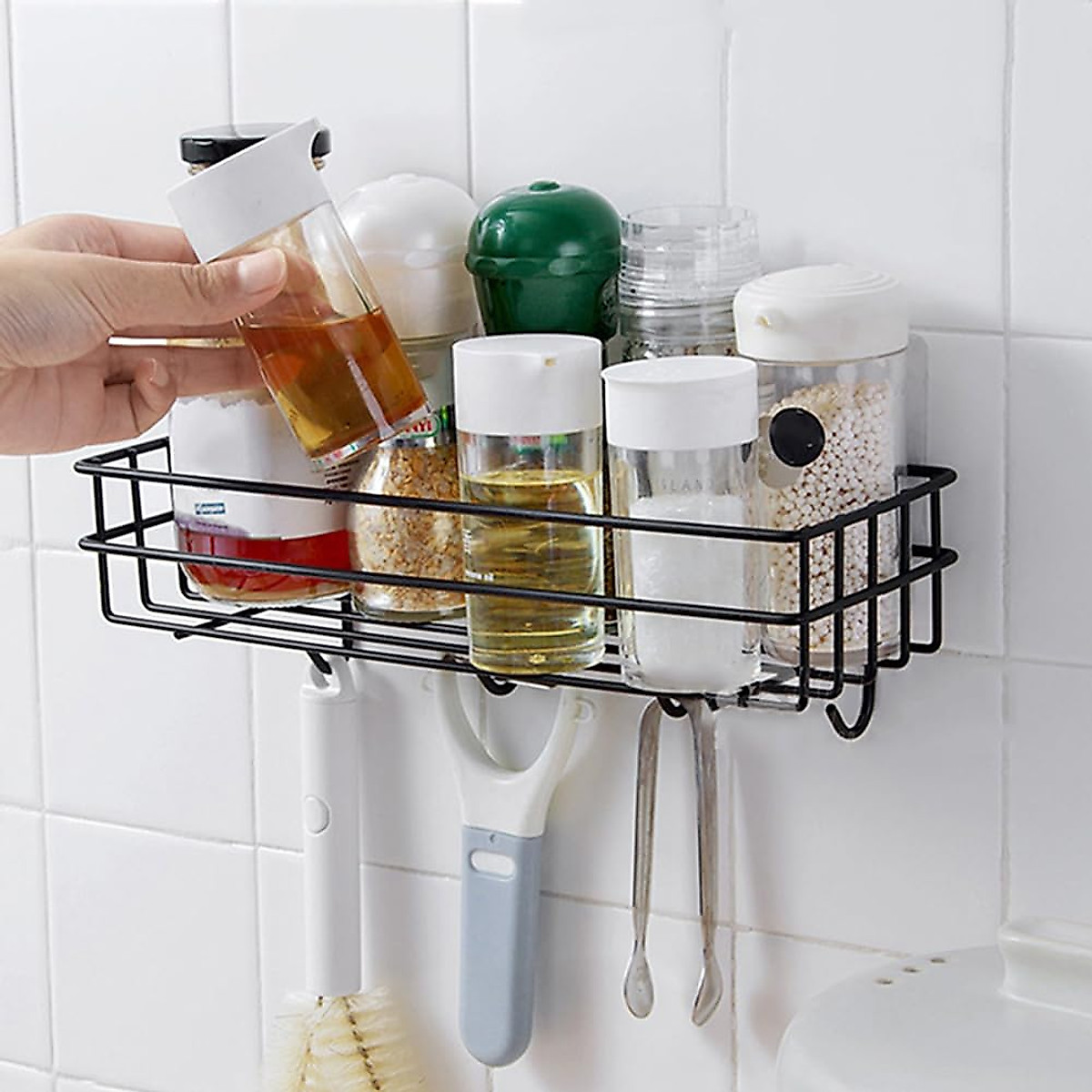 DOITOOL Self Adhesive Bathroom Shelf with Hooks, Shower Organizer Metal Shower Rack Bathroom Storage Basket, Kitchen Organization and Bathroom Storage
