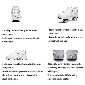 KOFUBOKE 2-in-1 Roller Skates & Sneakers Unisex Retractable Wheels Outdoor Fun & Fitness Kick Roller Shoes (low-top white with light, 9.5)