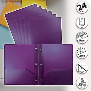 Better Office Products Purple Plastic 2 Pocket Folders with Prongs, Heavyweight, Letter Size Poly Folders, 24 Pack, with 3 Metal Prongs Fastener Clips, Purple