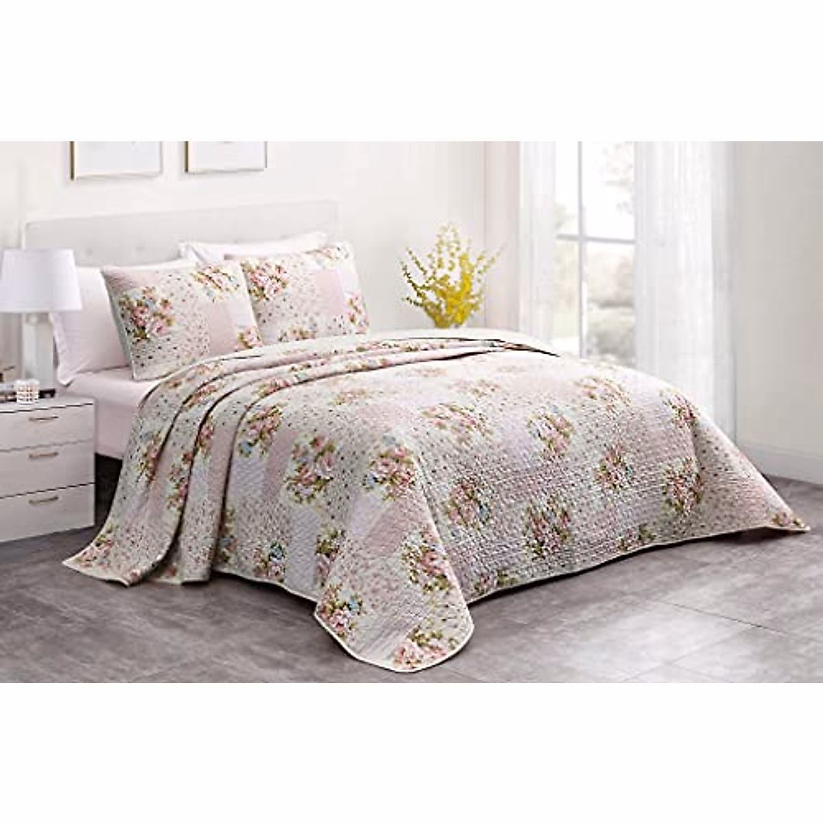 Chezmoi Collection Rosy 3-Piece Printed Patchwork Cotton Quilt Set - Pink Flower Floral Striped Polka Dots - Stone Washed Lightweight Bedspread, Queen Size