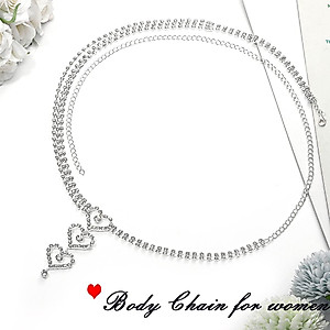 Bniealsy Rhinestone Waist Belly Chain Silver Heart Body Chain Sexy Body jewelry for Women