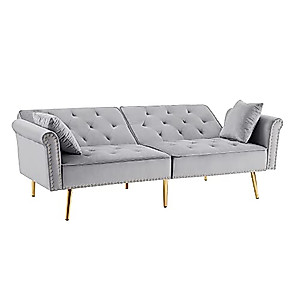 Kakotito Tufted Velvet Sofa Bed Sleeper with 2 Pillows, Luxury Loveseat Couch, Splitback Futon for Living Room & Office, Convertible Futon with Vintage Nailhead Trim and Metal Legs (Gray)