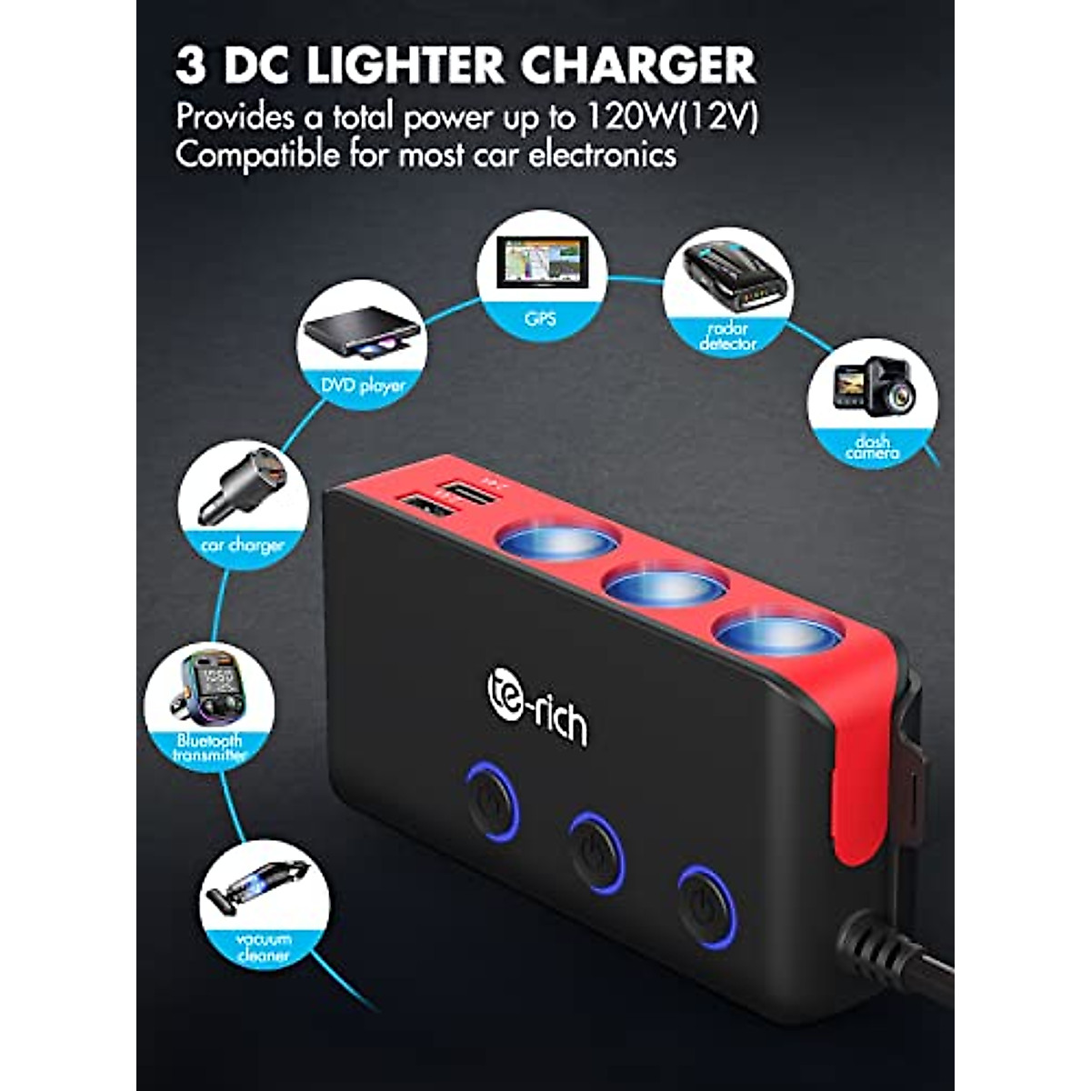 Cigarette Lighter Adapter, 3 Socket Cigarette Lighter Splitter, Fast Car Charger Adapter with 20W USB C PD & 18W QC 3.0 (5V/10.4 A), 12V Multi Port Outlet Extension for GPS/Dash Cam/Radar Detector