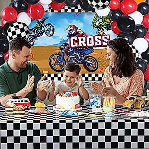 72 Pieces Motorcycle Party Decorations Dirt bike Motocross Backdrop Black And White Checkerboard Tablecloth with Balloons Extreme Motorcycle Theme Decor Set for Boy Girl Birthday Party Supplies