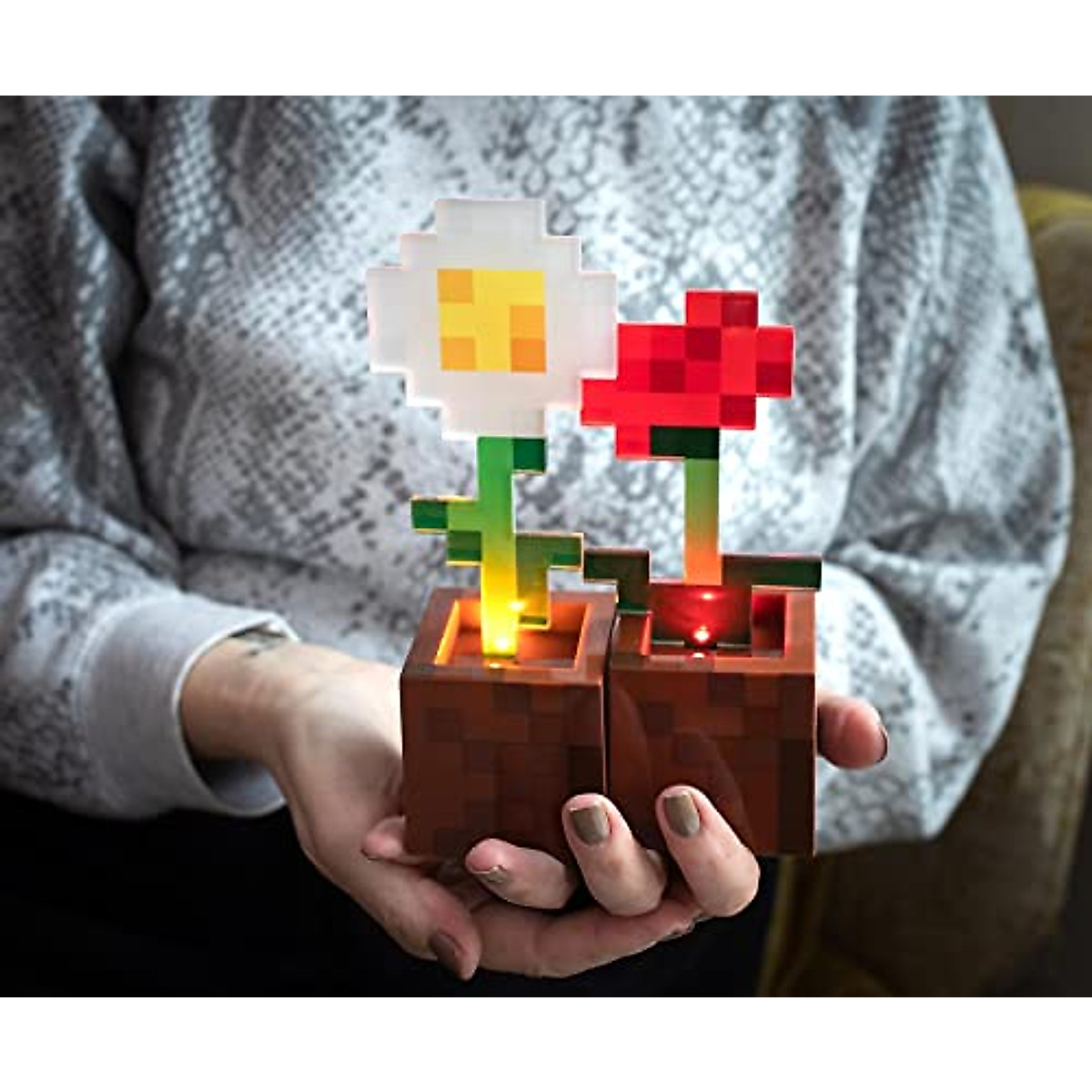 Minecraft Daisy and Poppy Flower Pot Mood Lights, Set of 2 | Nightstand Table Lamp with LED Light for Bedroom, Desk, Living Room | Home Decor Room Essentials | Video Game Gifts And Collectibles