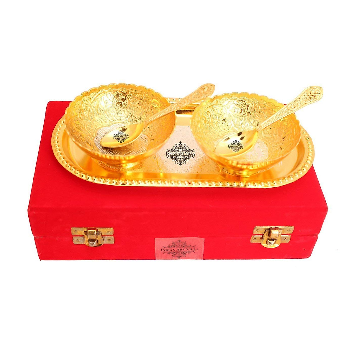 Indian Art Villa Silver Plated Gold Polished Bowl Set with Spoon Tray, Diwali Gift Item