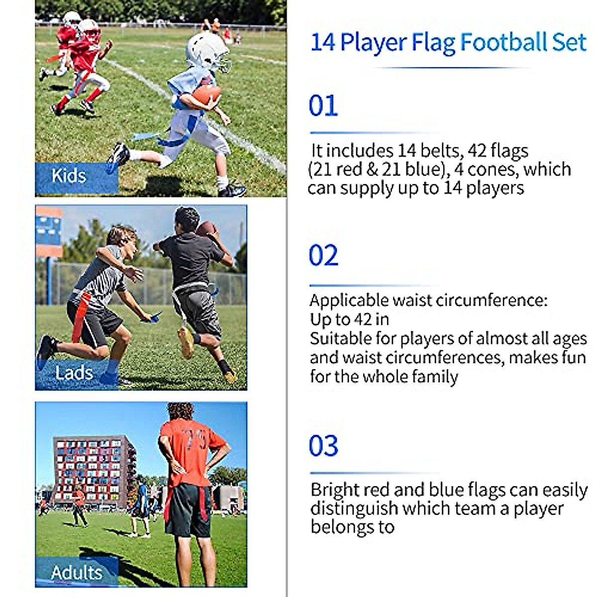 1 Set/ 2 Set Flag Football Belts and Flags, 1 Set Includes 14 Belts, 42 Flags and 4 Cones, Easy Tear Away Belt for Kids/Adults Players(1 Set)