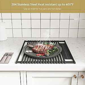 Arausk 15.7" x 14.5" Roll up Dish Drying Rack Portable Dish Rack Multipurpose Dish Drainer Foldable Stainless Steel Over Sink Kitchen Drainer Rack for Cups Vegetables (L)