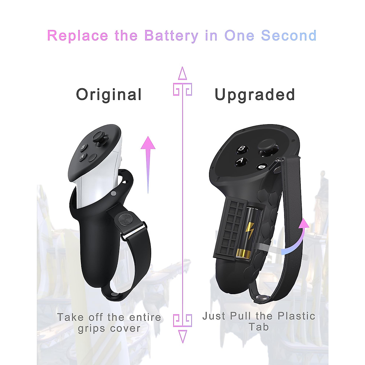 Lonxmovs Controller Grip Cover Compatible with Meta/Oculus Quest 3 Grips Cover for VR Touch Plus Controllers Covers Protector with Battery Opening Cover and Knuckle Straps(Black)