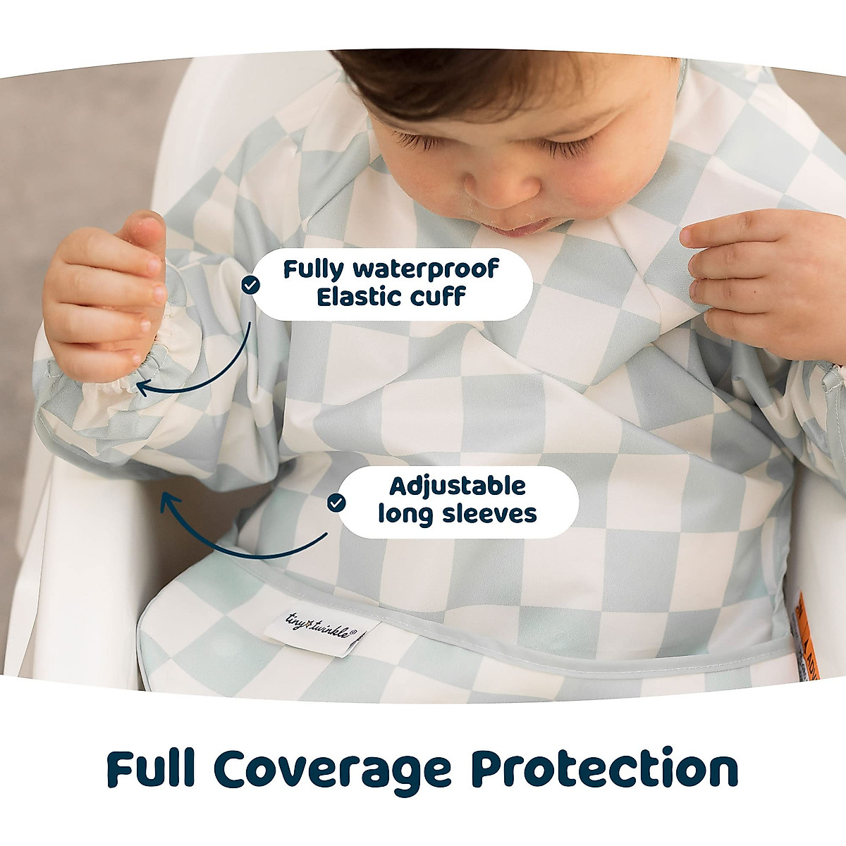 Tiny Twinkle Mess Proof Baby Bib, Cute Full Sleeve Bib Outfit, Waterproof Bibs for Toddlers, Machine Washable, Tug Proof, Baby Smock for Eating, Long Sleeved (Checkers Sage, Small 6-24 Months)