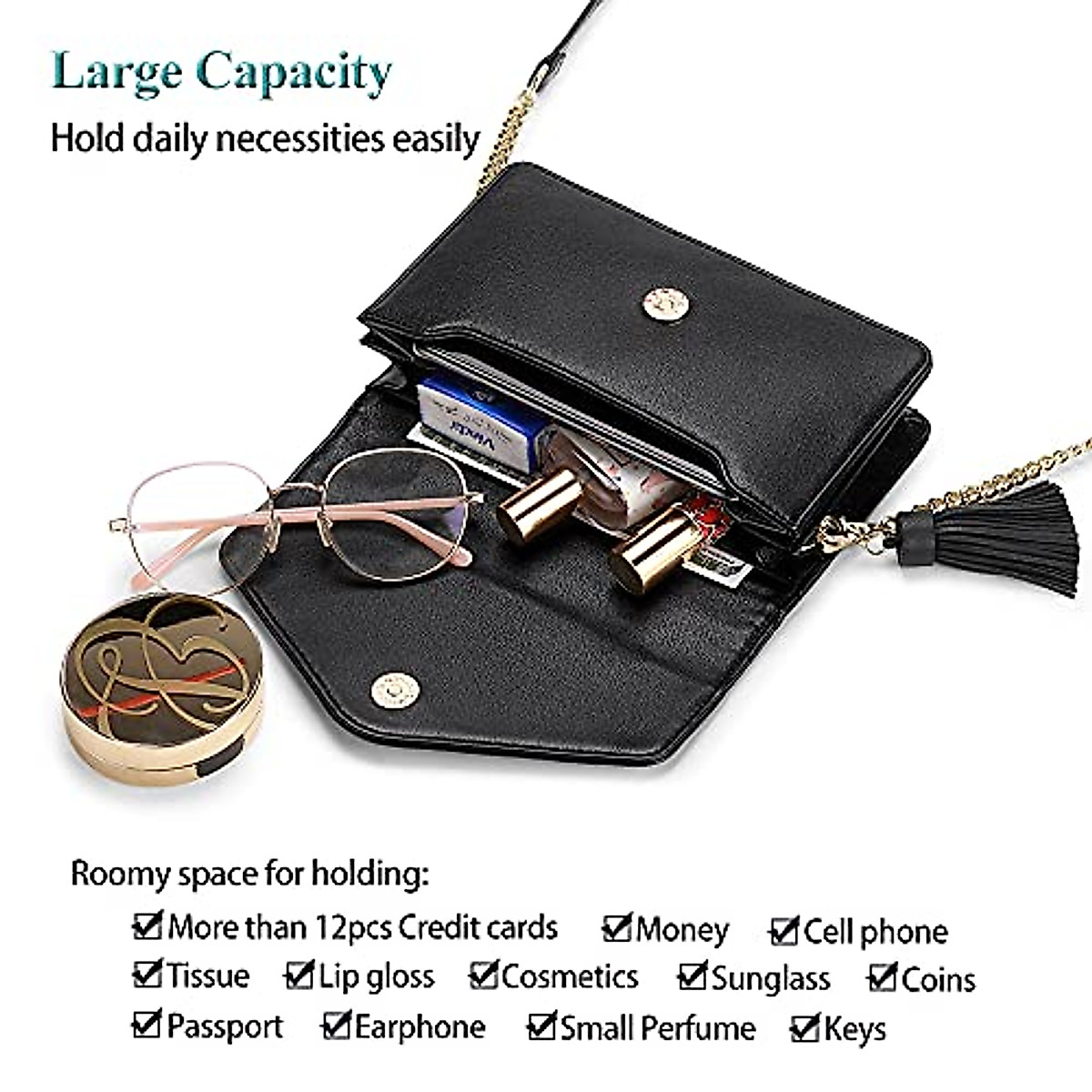 Peacocktion Small Quilted Crossbody Bags for Women, Shouler Handbags RFID Cell Phone Wallet Purse Clutch with Tassel (Black)