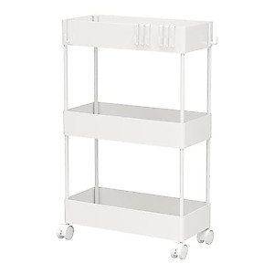 CAXXA 3 Tier Slim Mobile Utility Cart Rolling Cart ,Plastic Basket Storage Organizer, for Kitchen Laundry Bathroom Living Room Narrow Place Slide Out Storage Cart with Casters (White, 15.75Lx7W)