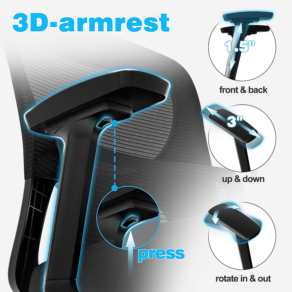 GABRYLLY Ergonomic Mesh Office Chair, Home Desk Chair with Adjustable Lumbar Support, 3D Armrest, Headrest, 4-Level Tilt Back, High Back Ergonomic Chairs with Wide Cushion Seat