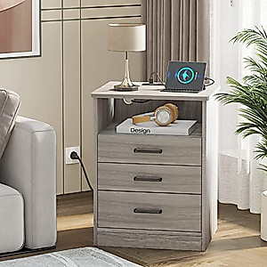 Tiptiper Nightstand Set of 2 with Charging Station,Grey Night Stands for Bedroom,Bedside Table with Drawers & USB Ports, 13.8D x 15.8W x 23.6H in