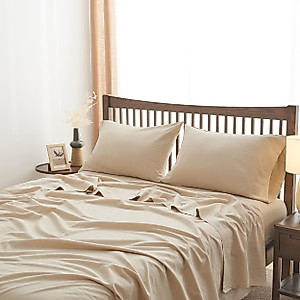 Simple&Opulence Belgian Linen Sheet Set Solid Color - 3 Pieces (1 Flat Sheet, 1 Fitted Sheet & 1 Pillowcase) Natural Flax Cotton Blend Soft Breathable Farmhouse Bedding - Twin Size, Linen/Beige