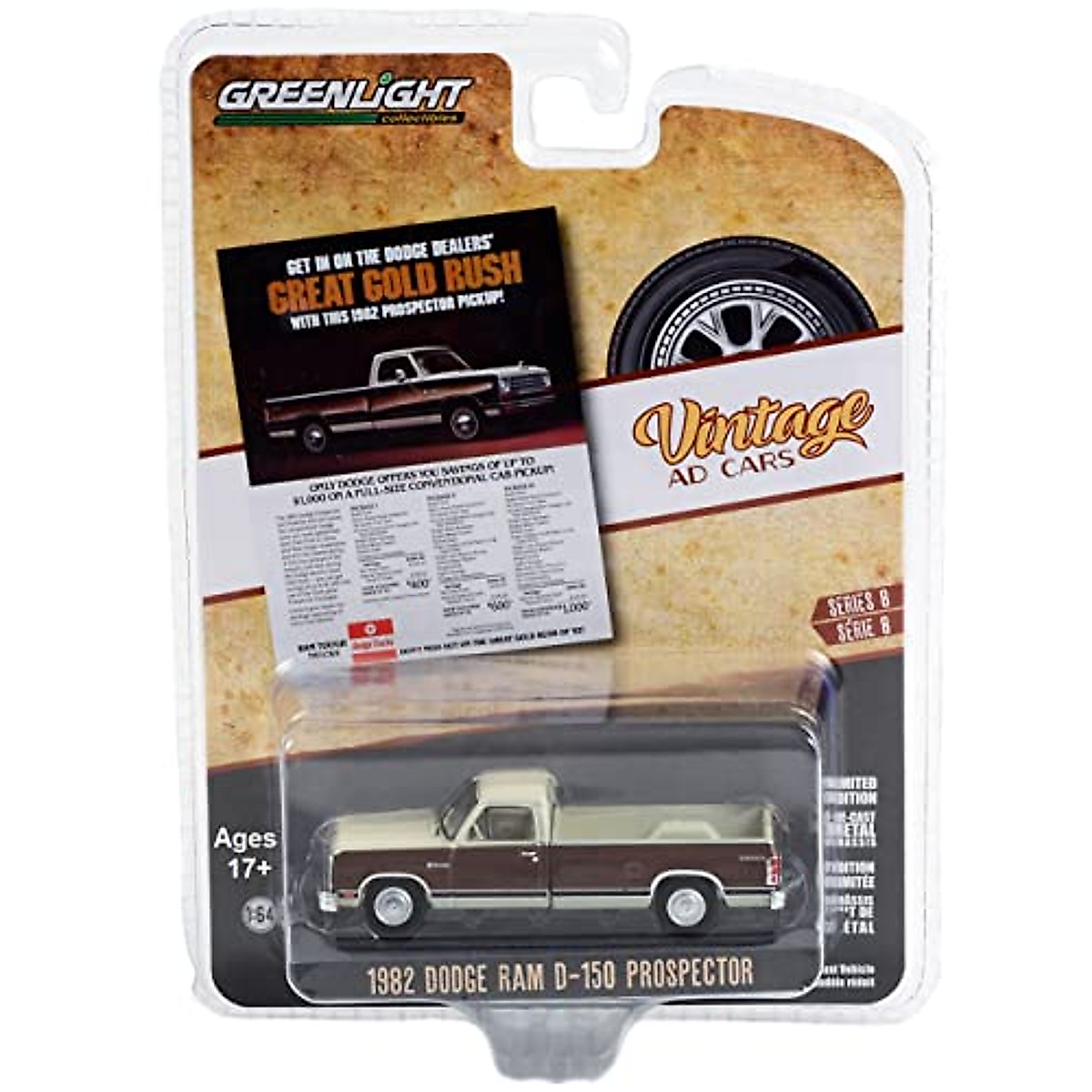 Greenlight 39110-D Vintage Ad Cars Series 8 - 1982 Dodge Ram D-150 Prospector “Get in On The Dodge Dealers’ Great Gold Rush” 1/64 Scale Diecast