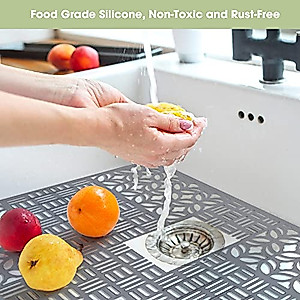 DETEIN Silicone Sink Protector for Kitchen Sink 26"x14" Cuttable Drain Hole Kitchen Sink Protector Mat Non-Slip Heat-Resistant Farmhouse Sink Protector Sink Mat Grid for Ceramic Sink, Porcelain Sink