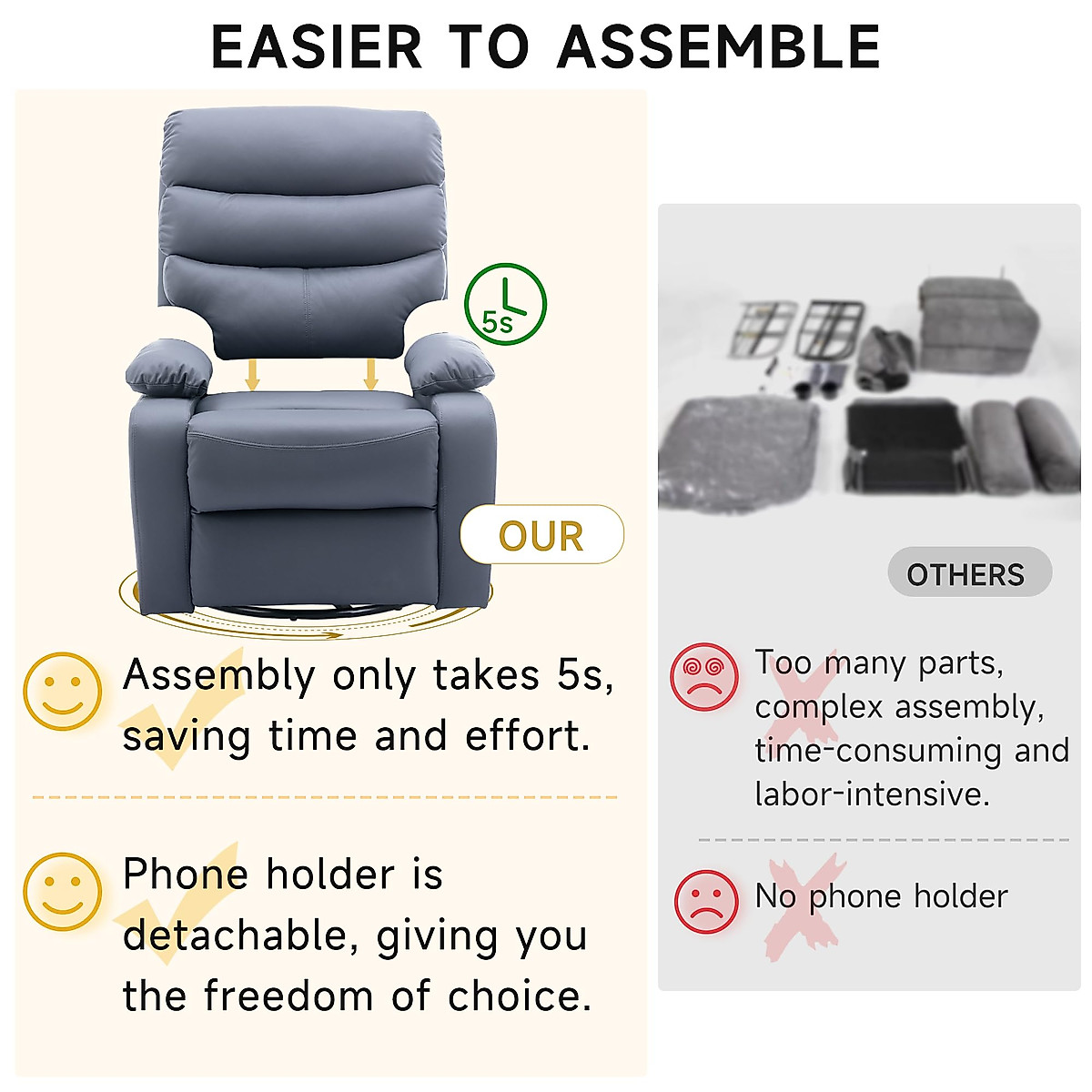 GNMLP2020 Swivel Rocker Recliner Chair for Adults, Rocking Recliner Chair, Manual Small Recliners for Small Spaces, Living Room, Nursery, RV, Dark Grey