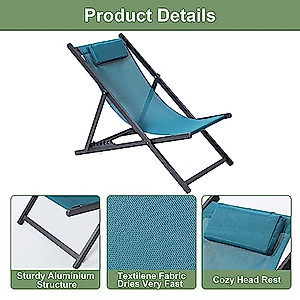 BETTAHOME Outdoor Aluminum Patio Sling Chairs, Beach Deck Chair, Portable Folding Lounge Chairs, Height Adjustable, Set of 2, Teal Color