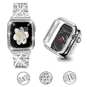 Bekomo Compatible for Apple Watch Band 45mm 41mm 38mm 40mm 42mm 44mm with 2 Pack Bling Crystal Diamonds Case Cover, iwatch SE Series 7 6 5 4 3 2 1 Bands for Women - (Silver 40mm)