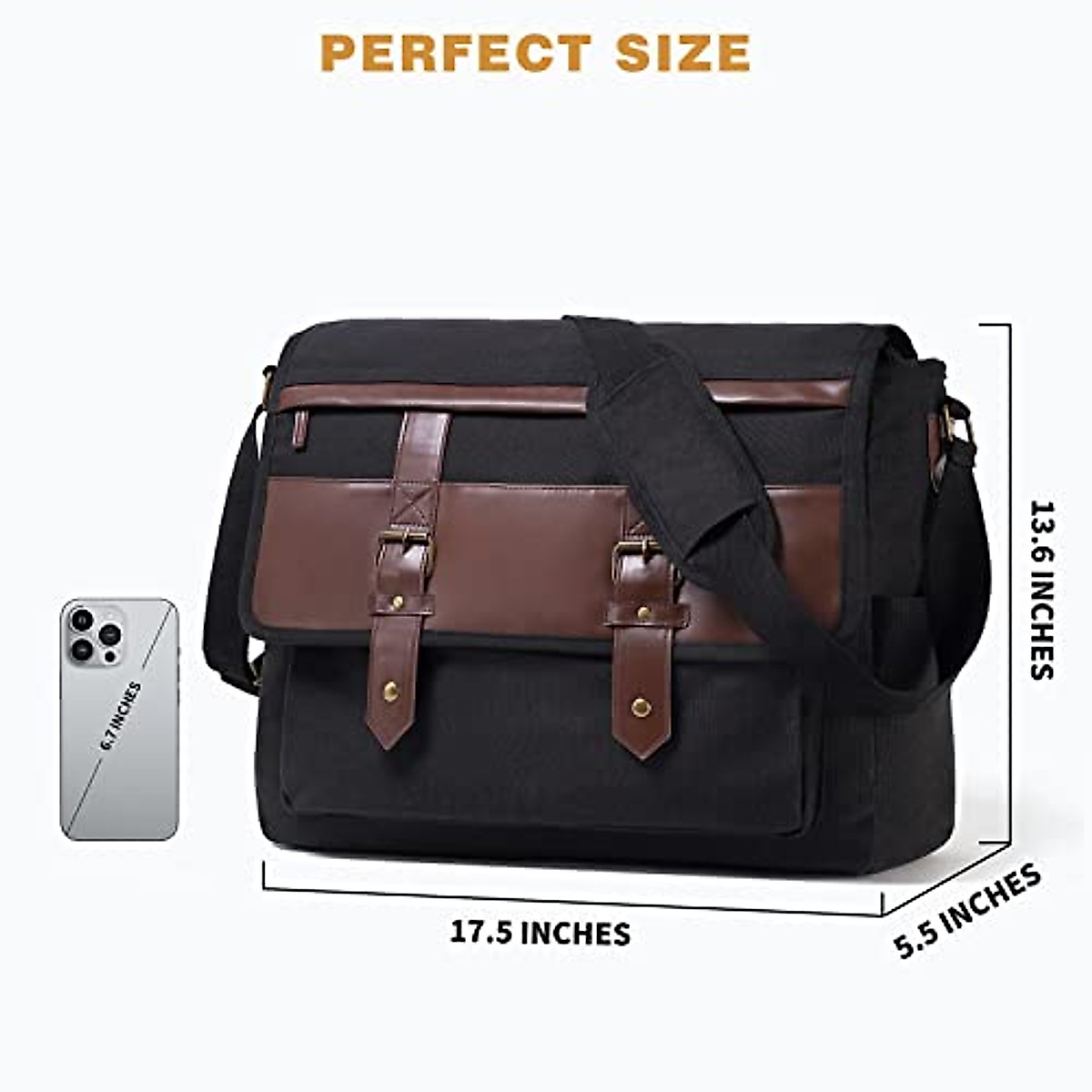 Celvetch Laptop Messenger Bag - PU Leather Briefcase for Men Canvas Shoulder Bag Computer Bag for Work Travel College - Black