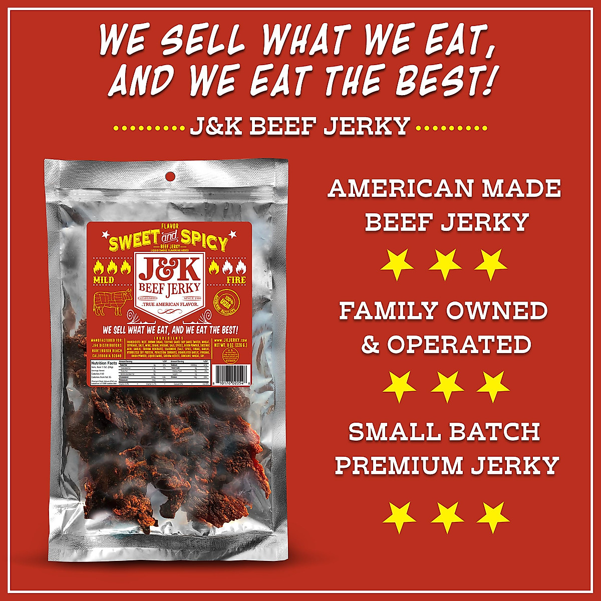 J&K Jerky Sweet and Spicy Beef Jerky - Hand Crafted Small Batch American Made Slab Beef Jerky - Bold & Flavorful Snack! - 7oz Big Bag of Jerky