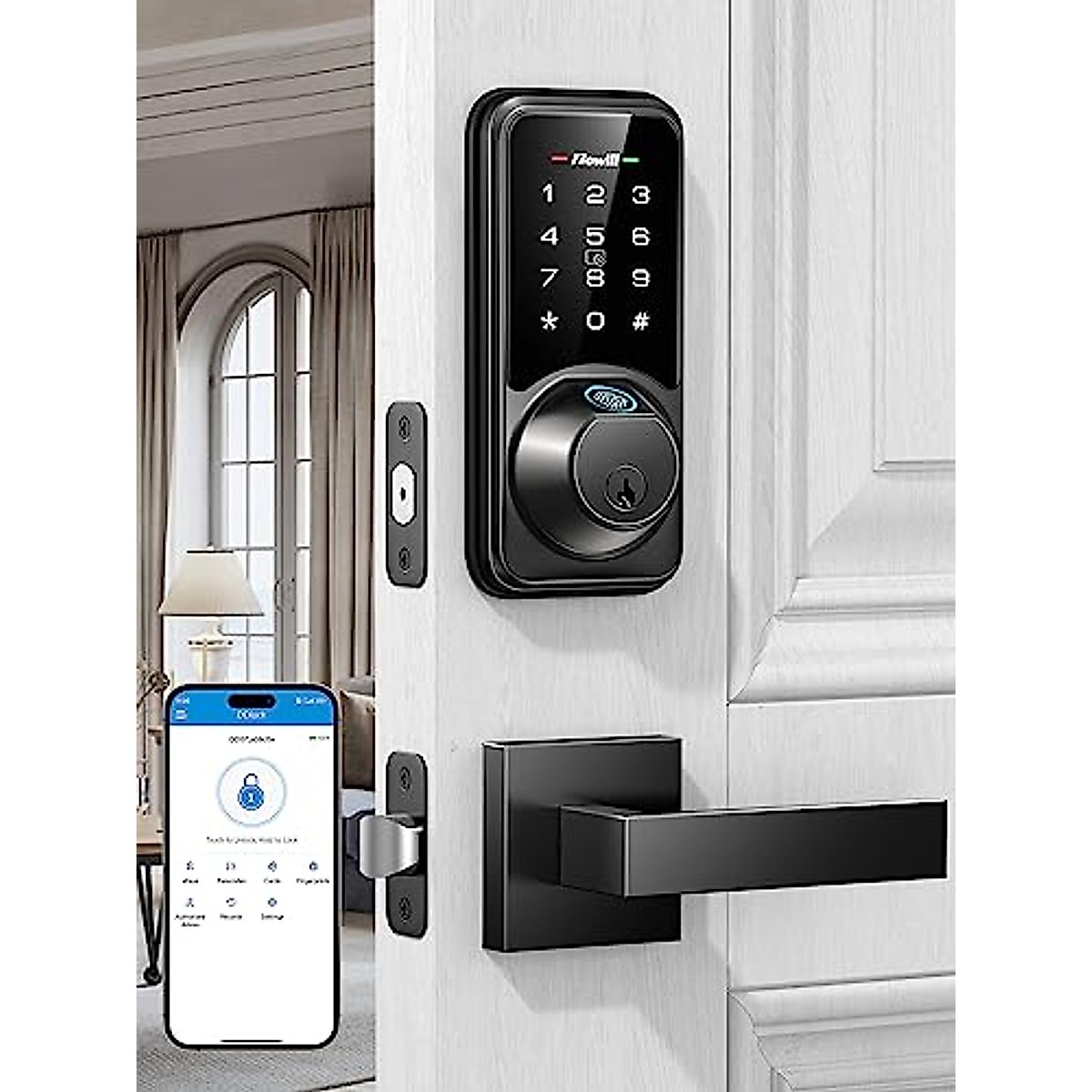 Smart Door Lock Set for Front Door, Zowill 7-in-1 Fingerprint Deadbolt with App Control, Keyless Entry Door Lock with 2 Lever Handles, Biometric,Touchscreen Keypad, Auto Lock, Matte Black