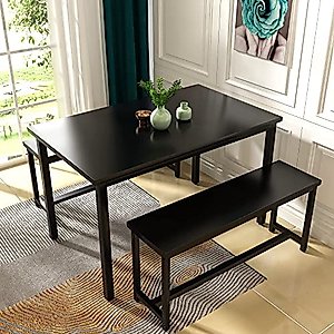 AWQM Dining Table Set for 4, Kitchen Table Set with 2 Benches, 47.2Inch 3-Piece Dining Room Table Set with Metal Frame and MDF Board, Sturdy Structure, Space-Saving, Black