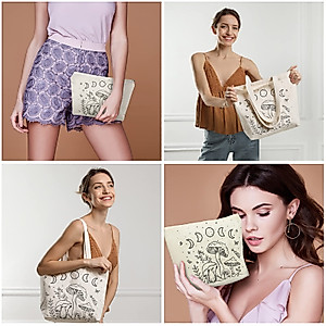 2 Pcs Aesthetic Tote Bag Cute Reusable Canvas Vintage Cosmetic Bag for Women Funny Makeup Bags Girls Gifts (Mushroom)