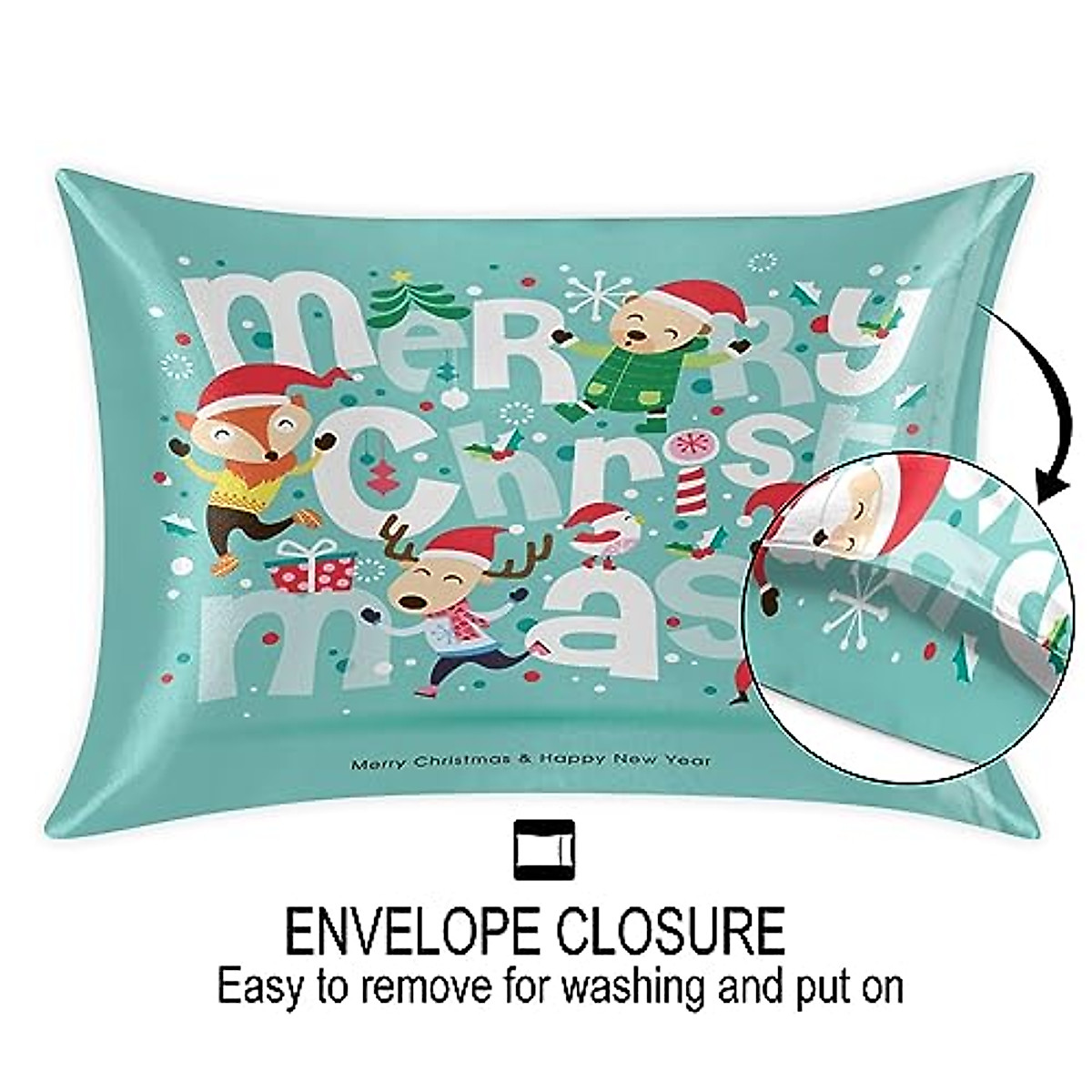 Santa Claus Bear Satin Pillow Cases Silk Satin Pillowcase for Hair and Skin Standard Set of 2 Super Soft Silk Pillowcase with Envelope Closure (20x26 in)