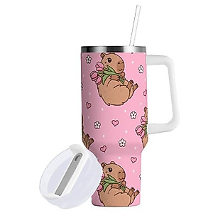 DIGTIA Stainless Steel Insulated Tumbler w/Handle & Straw, Capybara Cute Double Wall Vacuum Travel Coffee Mug Cup w/Lid, Leak-Proof Sports Bouquet Water Bottle,30oz