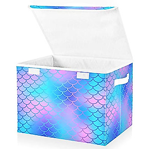 Krafig Magic Fish Mermaid Scale Foldable Storage Box Large Cube Organizer Bins Containers Baskets with Lids Handles for Closet Organization, Shelves, Clothes, Toys