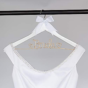 Ella Celebration Bride to Be Wedding Dress Hanger Wooden and Wire Hangers for Brides Gowns, Dresses (White with Light Gold and Bow)