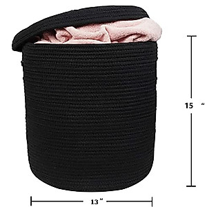 Cotton Rope Storage Basket with Lid | Large Woven Baskets and Handles 15" x 13" | for Nursery, Laundry, Black Round Hamper, Home Living Room Floor, Toy Organizing bins, Blanket, Pillow and Big