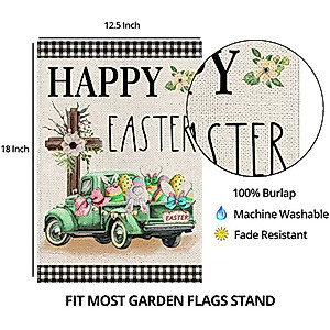 Happy Easter Garden Flag 12x18 Inch Double Sided Buffalo Plaid with Truck Cross Rabbit Eggs,Small Yard Flag for Outside Farmhouse Holiday Spring Outdoor Decor