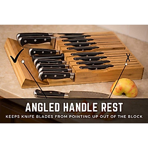 In-Drawer Bamboo Knife Block Holds 16 Knives (Not Included) Without Pointing Up PLUS a Slot for your Knife Sharpener! Noble Home & Chef Knife Organizer Made from Quality Moso Bamboo