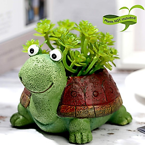 Turtle Succulent Flower Pot Mini Resin Animal Plant Pot Resin Succulent Pot Planter Cute Cartoon Bonsai Pot Bonsai Plant Holder for Home Office Desktop Table Ornament (Green Turtle with Brown Shell)