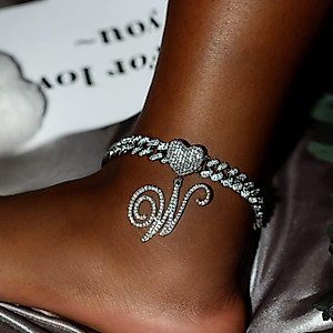 KKJTDS 13mm Silver Cuban Link Anklets for Women Cursive Pendant Miami Cuban Link Chain Ankle Bracelets for Women Hip Hop Iced Out Letter Chain Anklet (A)