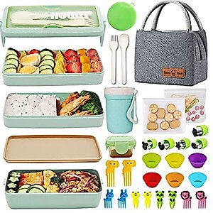 DearHomie 30 PCs Bento Box Upgrade Japanese Lunch Box Kit,3 Layer Stackable Leakproof Lunch Box Containers with Accessories,Wheat Straw Bento Lunch Box for Kids and Adults