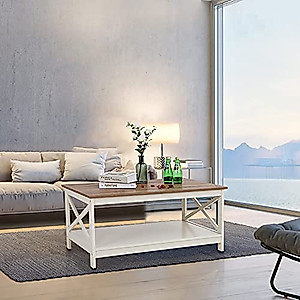 Sophia & William Coffee Table Farmhouse Cocktail Table with Storage Shelf, Wood Look Accent Furniture for Living Room, Ivory