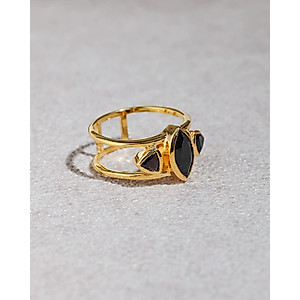 YoTreasure Black Onyx Solid 14K Gold Plated Over 925 Silver 3 Stone Ring (10)