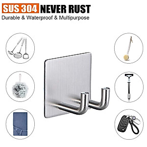 Adhesive Hooks Razor Holder Heavy Duty Wall Hooks Stainless Steel Waterproof Hangers For Kitchen Bedroom Bathroom,Stick on Hooks Antiskid Hooks Double Hanging Towel Robe Coat Key Brushed Nickel 2-Pack