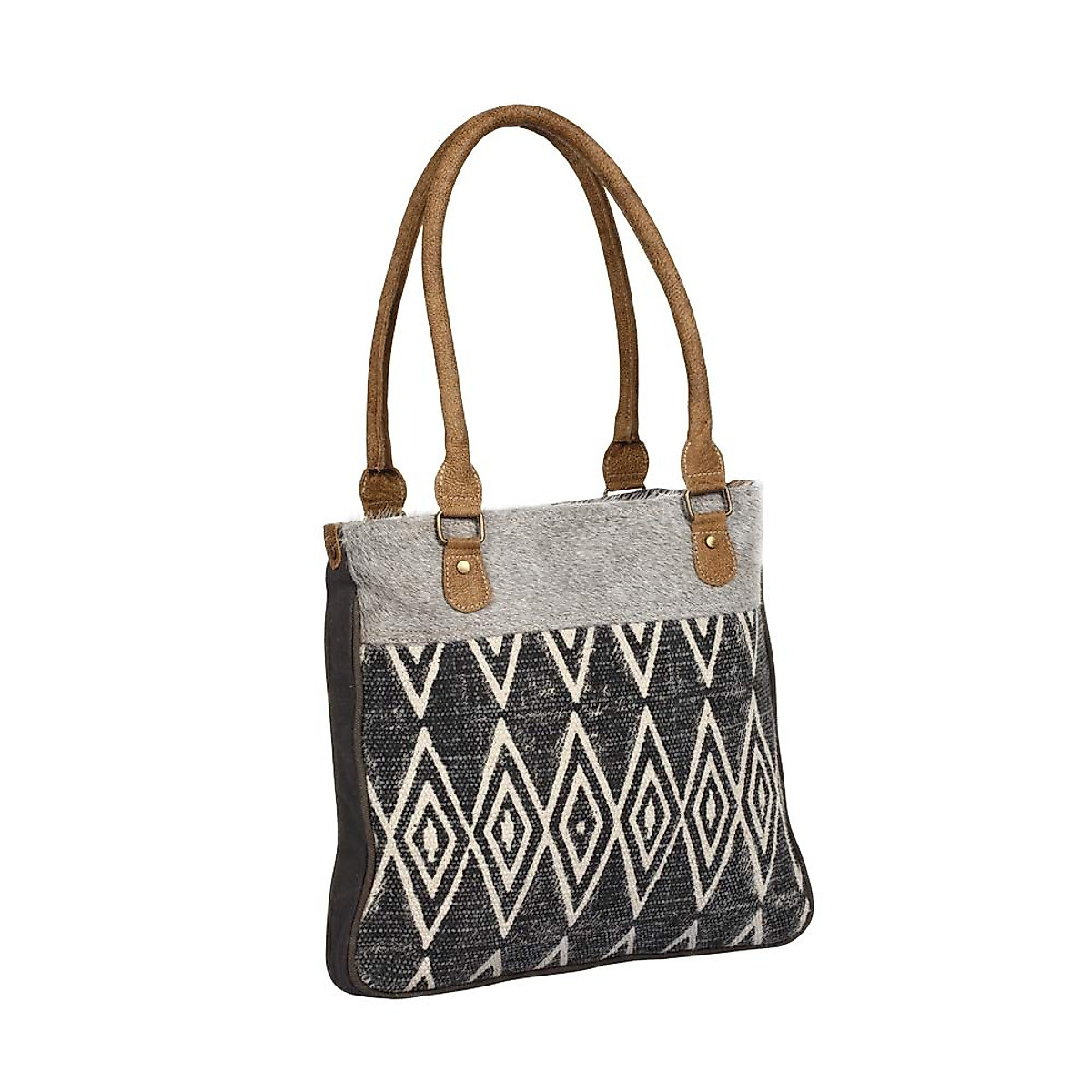 Diamond Pattern Print Upcycled Canvas and Hair-On Leather Handbag