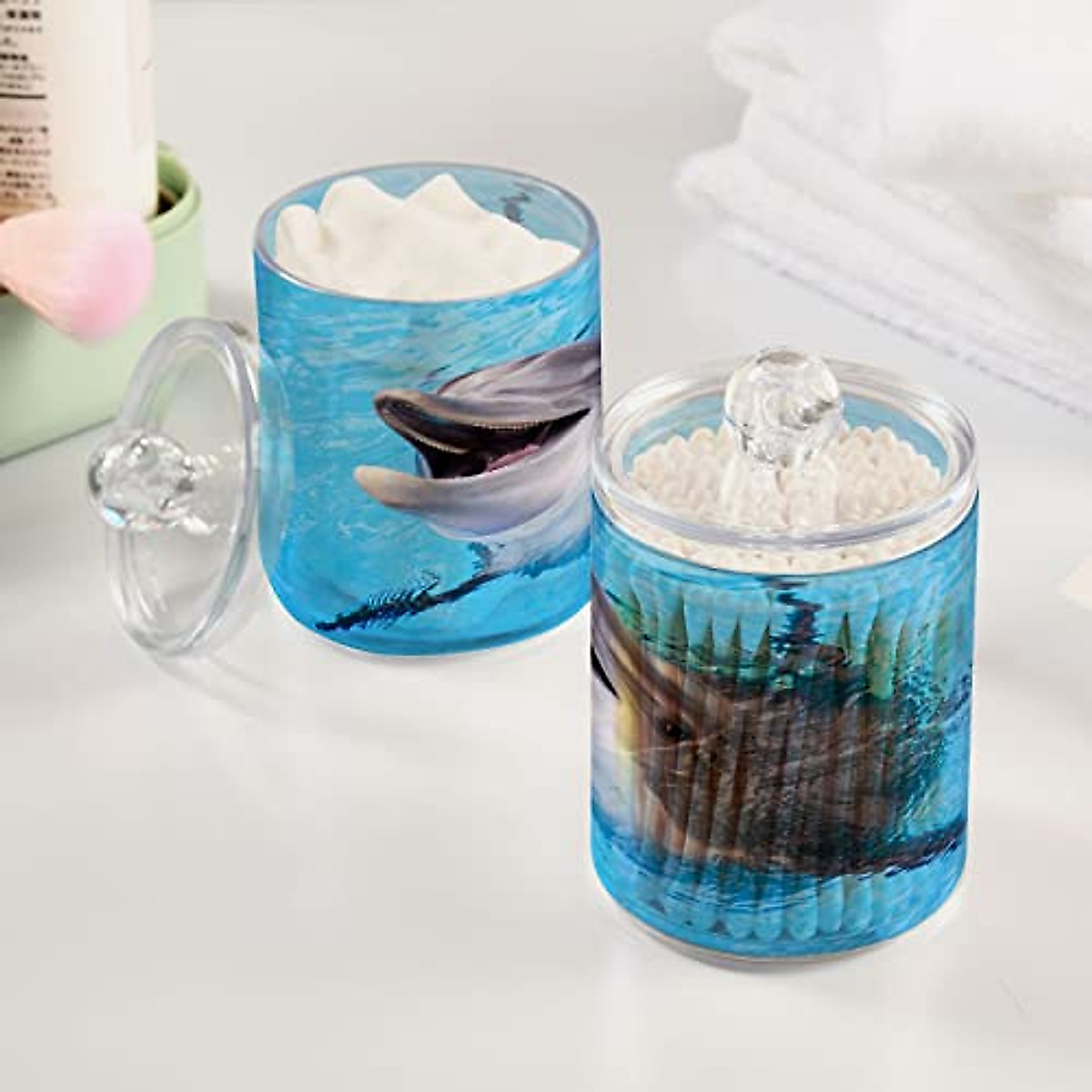 Coikll Cute Dolphin Qtip Holder with Lid 2PCS Apothecary Jars Storage Containers, Clear Plastic Canister for Cotton Swab,Floss Picks, Cosmetics