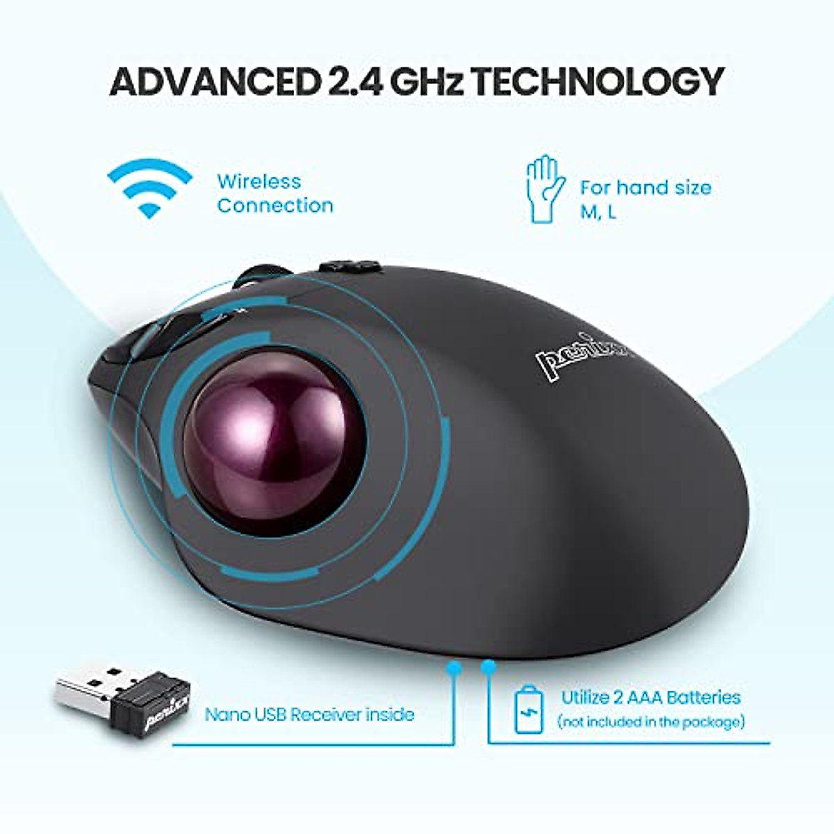 Perixx11568 Perimice-717 Wireless Trackball Mouse, Build-in 1.34 Inch Trackball with Pointing Feature, 5 Programmable Buttons, 2 DPI Level, Black