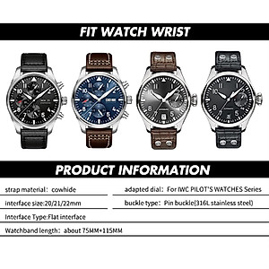 JWTPRO for IWC IW3777 IW3270 Mark 18 Big Pilot’s Watch Strap Soft Cowhide Bracelets 20mm 21mm 22mm Leather Watch Band (Color : Black Rivet Silver, Size : 20mm)