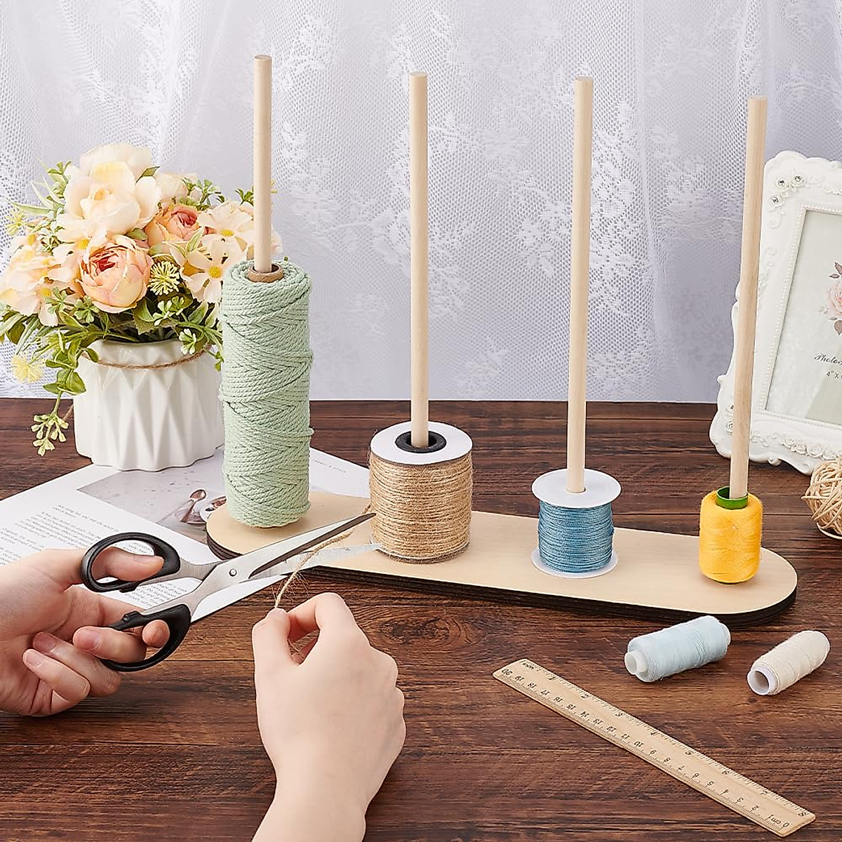 PH PandaHall Wooden Ribbon Rack Storage Ribbon Organizer Spool Holder Wire Spool Stand Holder for Sewing Craft Mesh Wreath Crochet Thread Tulle Roll Florist Arts Wrapping Gift, 14.2x3.8x11.8inch